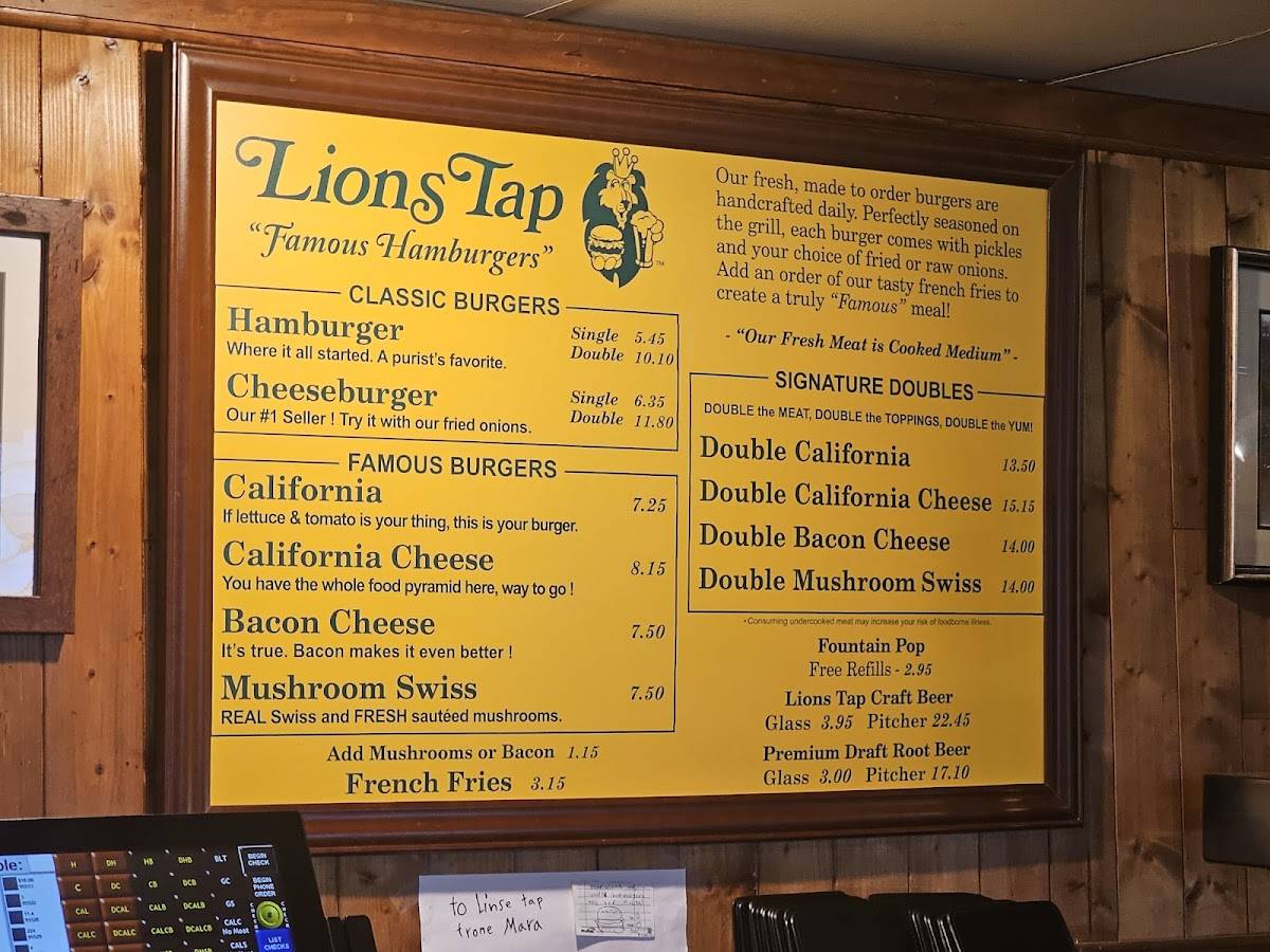 Menu at Lions Tap restaurant, Eden Prairie