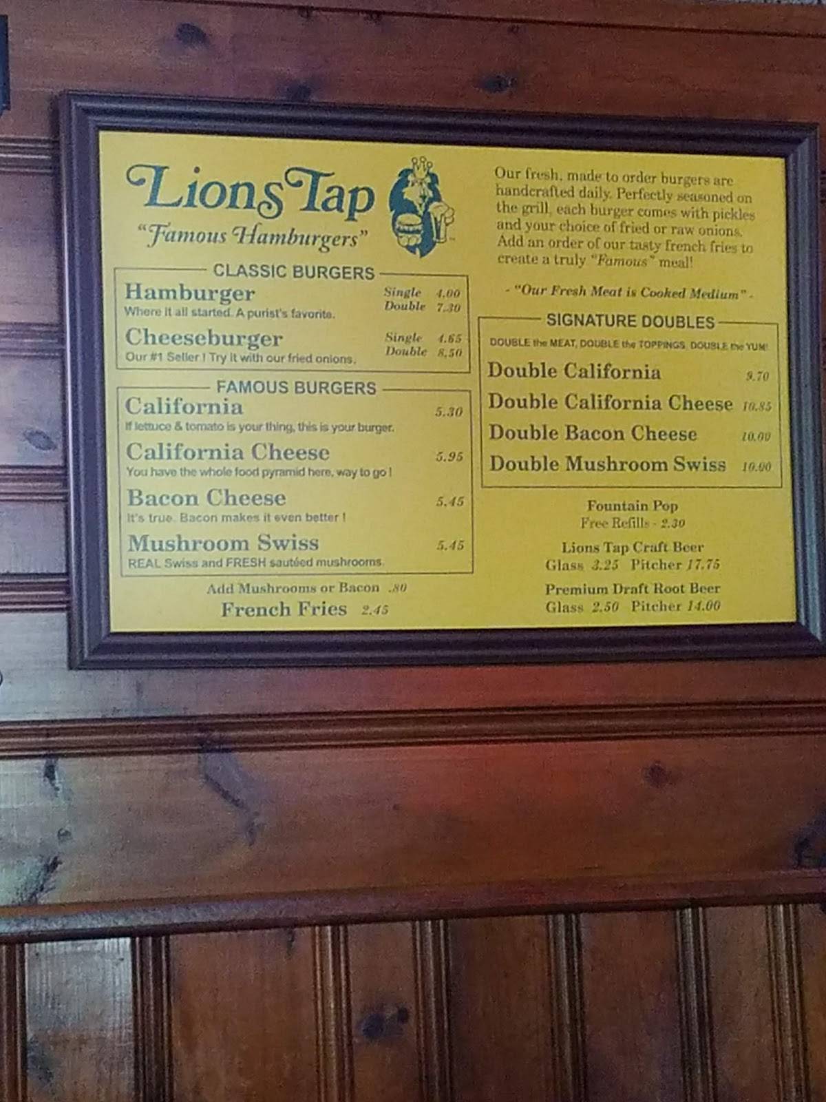Menu at Lions Tap restaurant, Eden Prairie