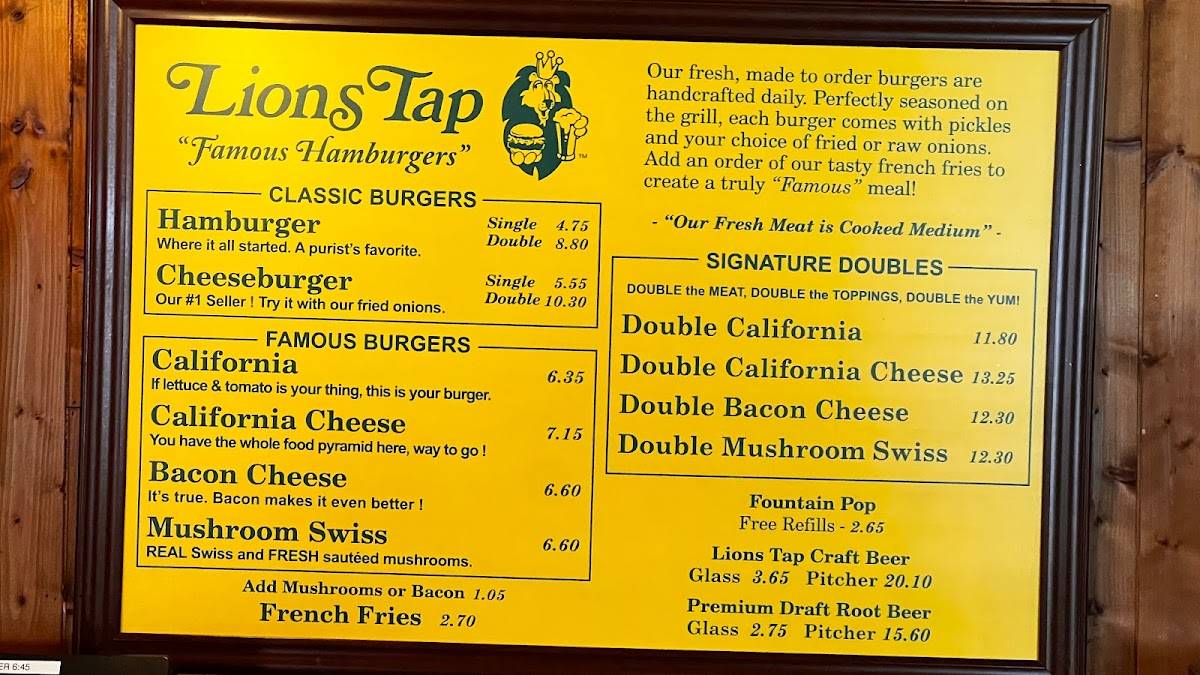 Menu at Lions Tap restaurant, Eden Prairie