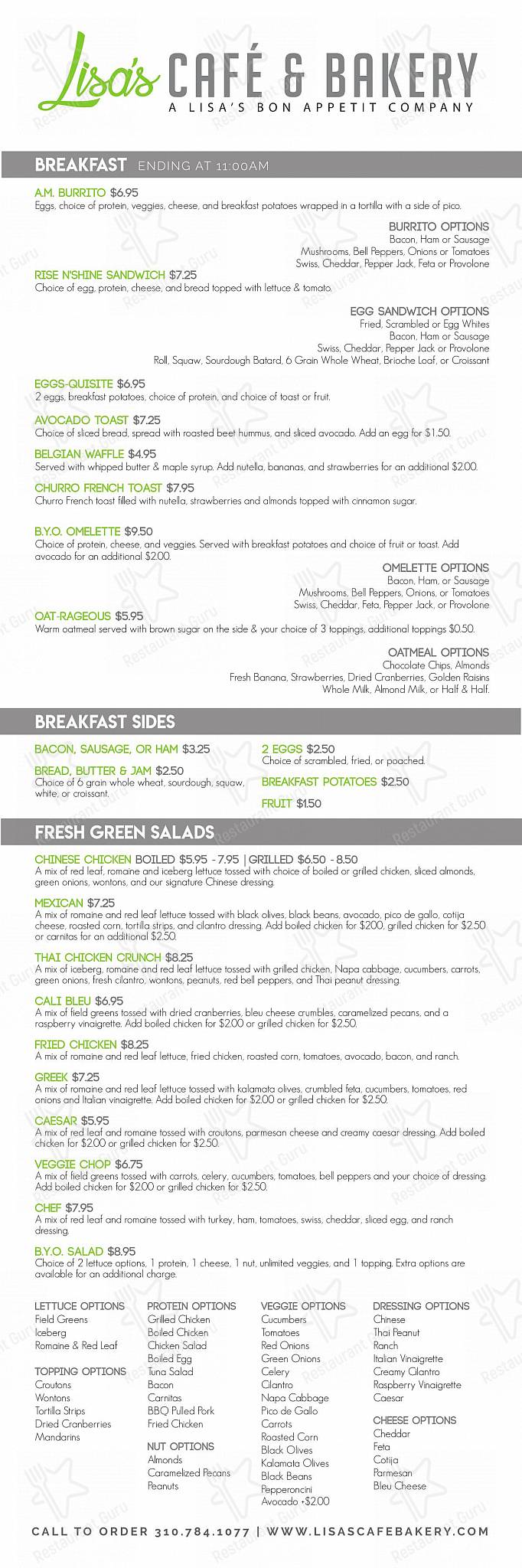 Menu at Lisa's Bon Appetit - Café & Bakery, Torrance, Pacific Coast Hwy