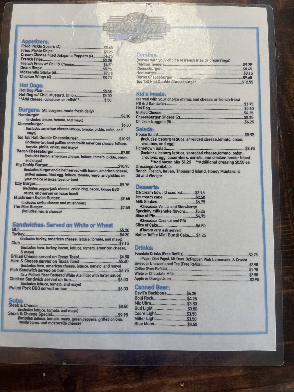 Menu at Lisa’s Hometown Grill restaurant, Elkton