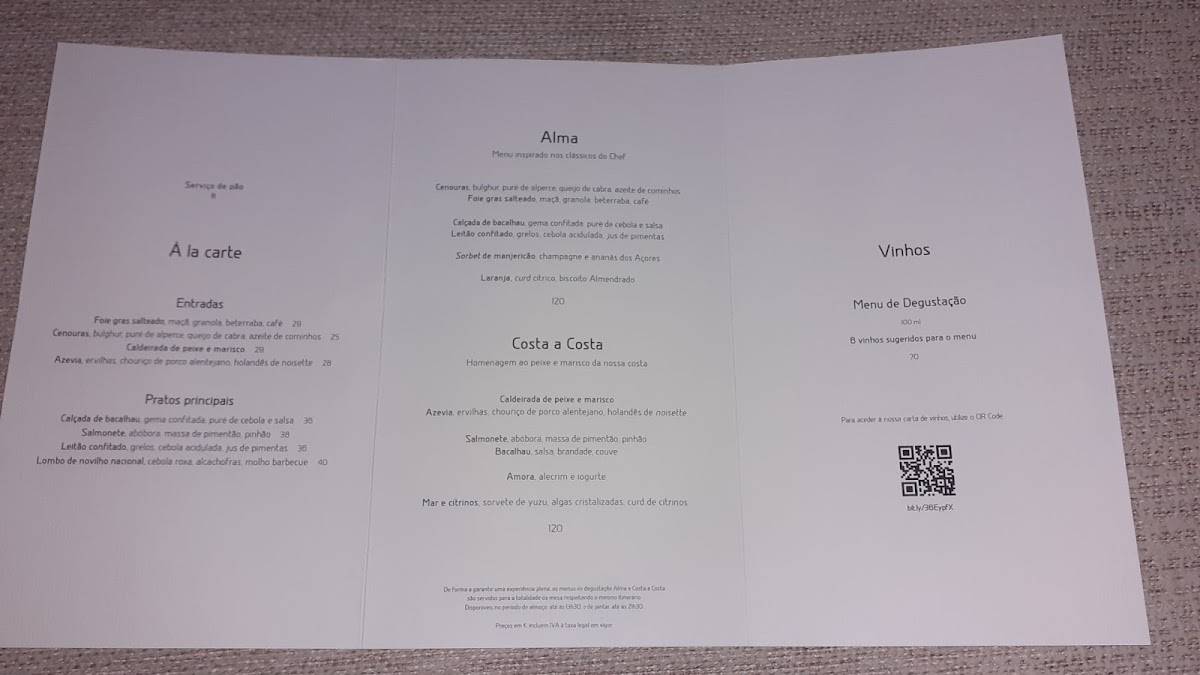 Menu at Alma restaurant, Lisbon, R. Anchieta 15