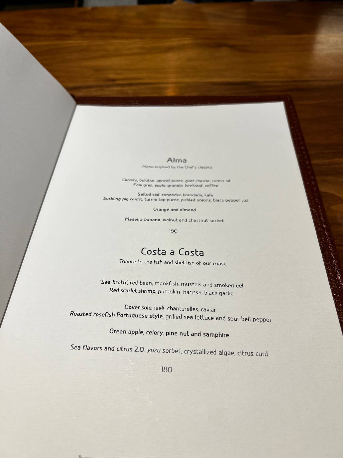 Menu at Alma restaurant, Lisbon, R. Anchieta 15