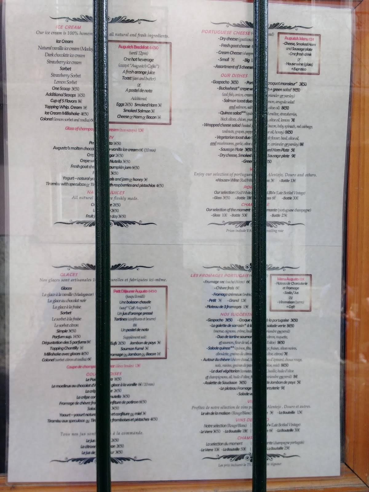 Menu at Augusto Lisboa cafe, Lisbon, R. de Santa M.nha 26