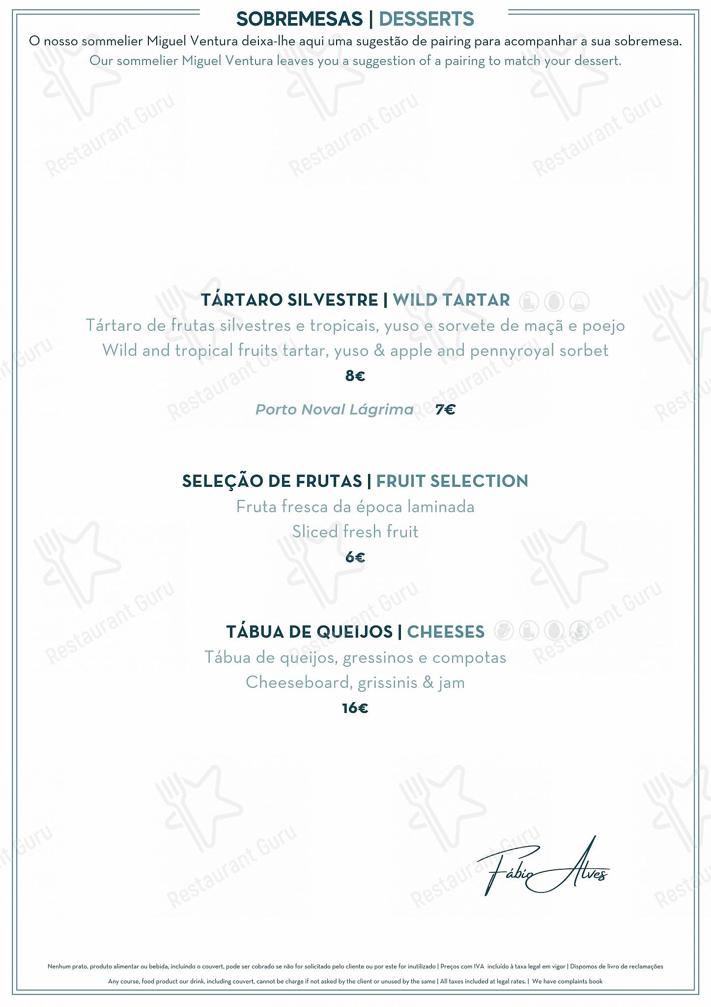 Menu at SUBA Restaurante, Lisbon