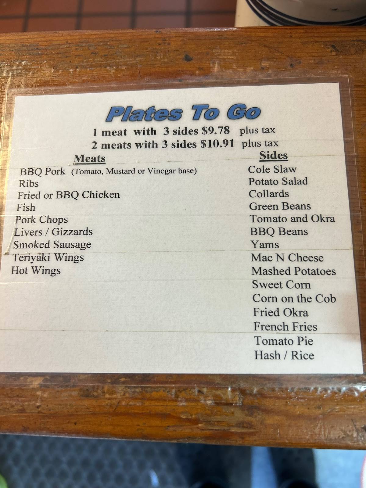 Menu at Little Pigs Barbecue, Columbia