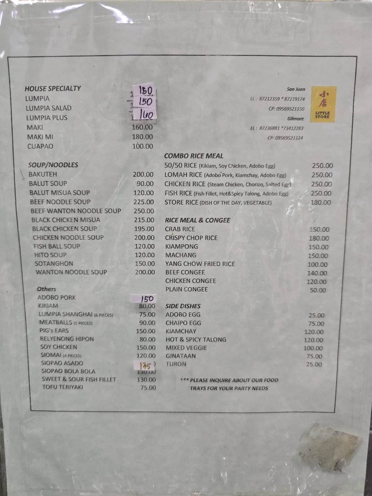Menu at Little Store on the Hill restaurant, Quezon City