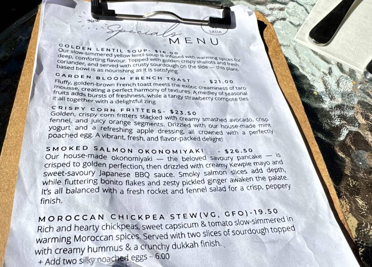 Menu at Little by Little Cafe, Berwick