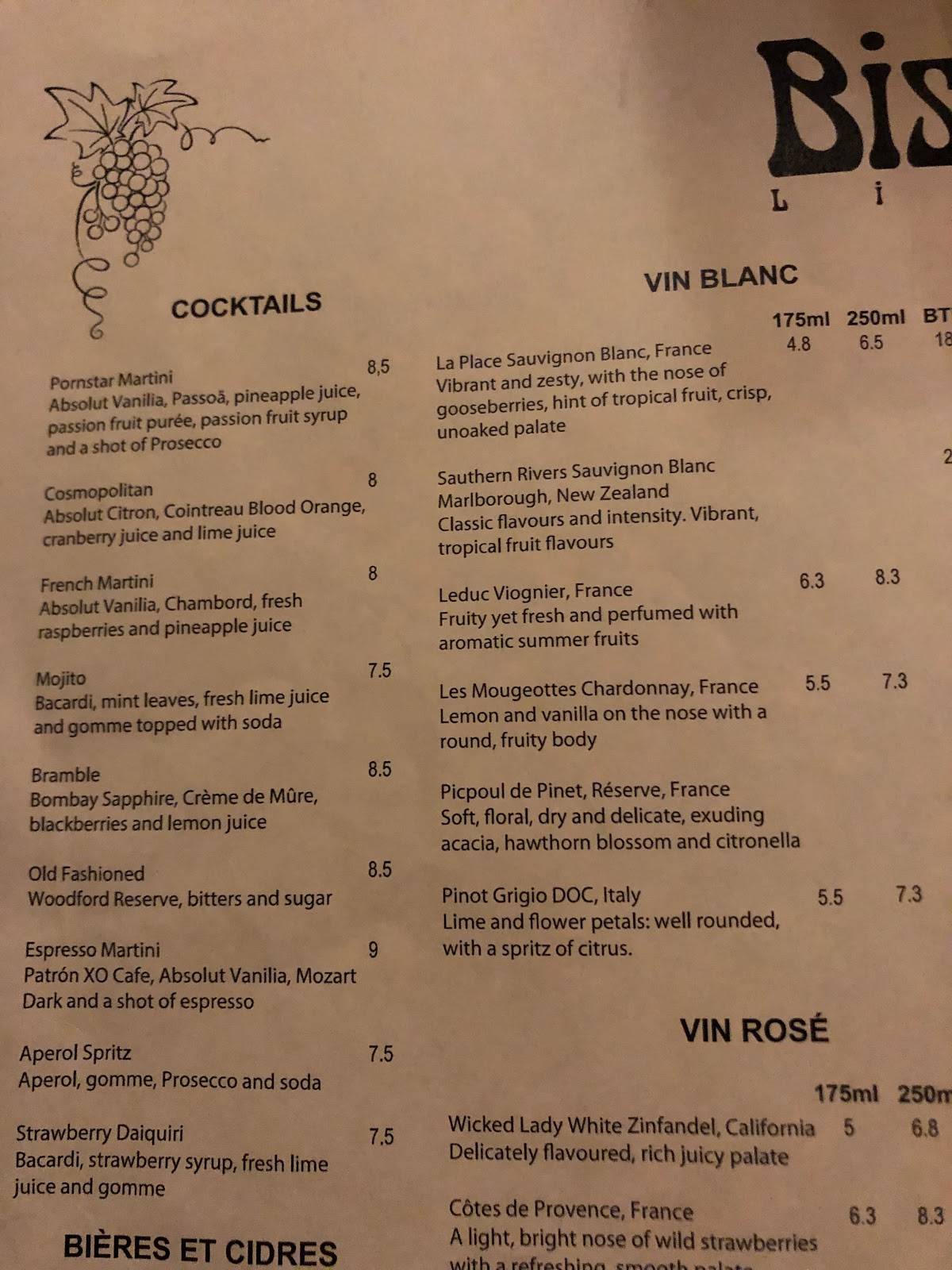Menu at Bistro Pierre restaurant, Liverpool, 14 Button St