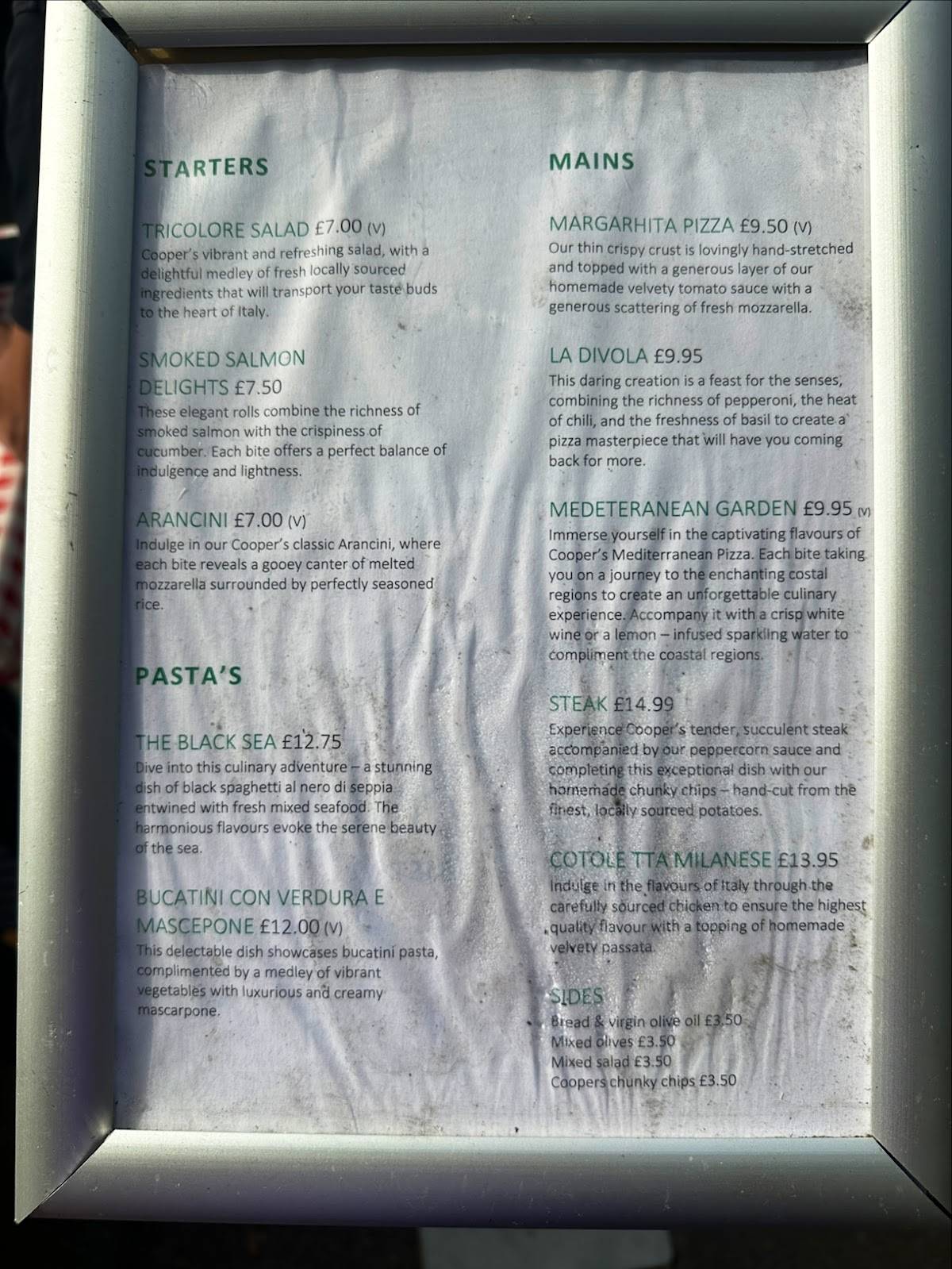 Menu at Cooper's Coffee Shop cafe, Liverpool
