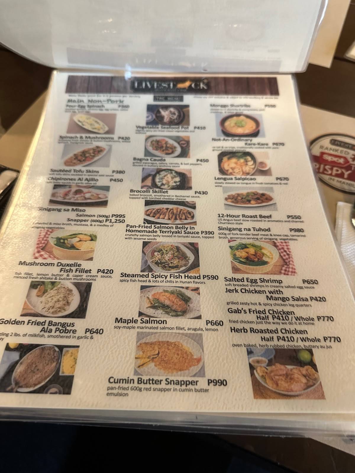 Menu at Livestock restaurant, Taguig