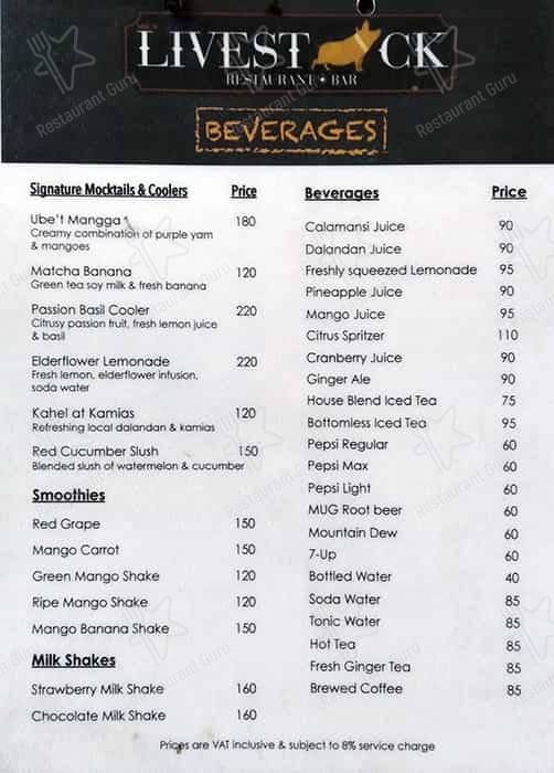 Menu at Livestock restaurant, Taguig