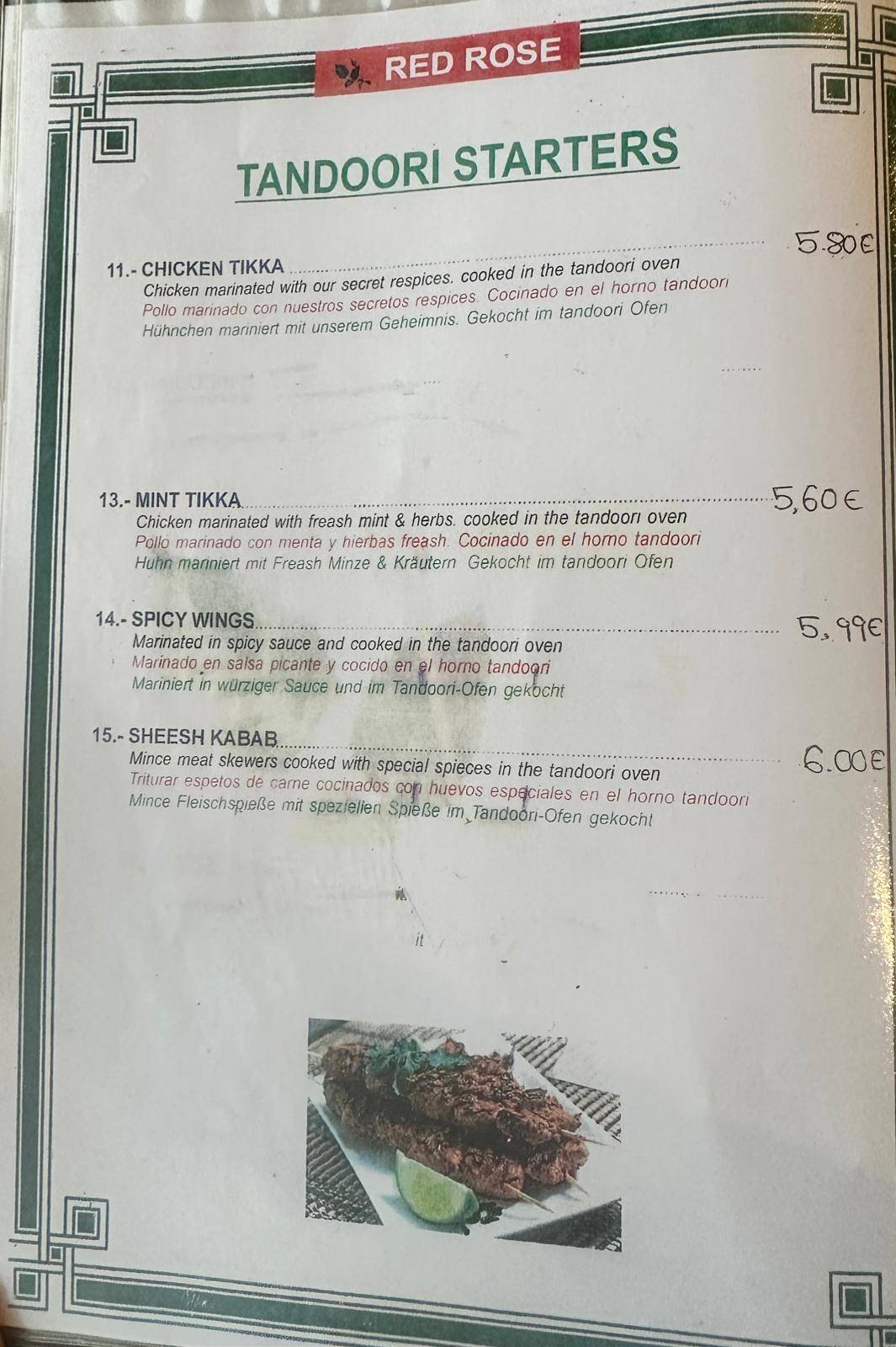 Carta del restaurante Red Rose, San Pedro del Pinatar