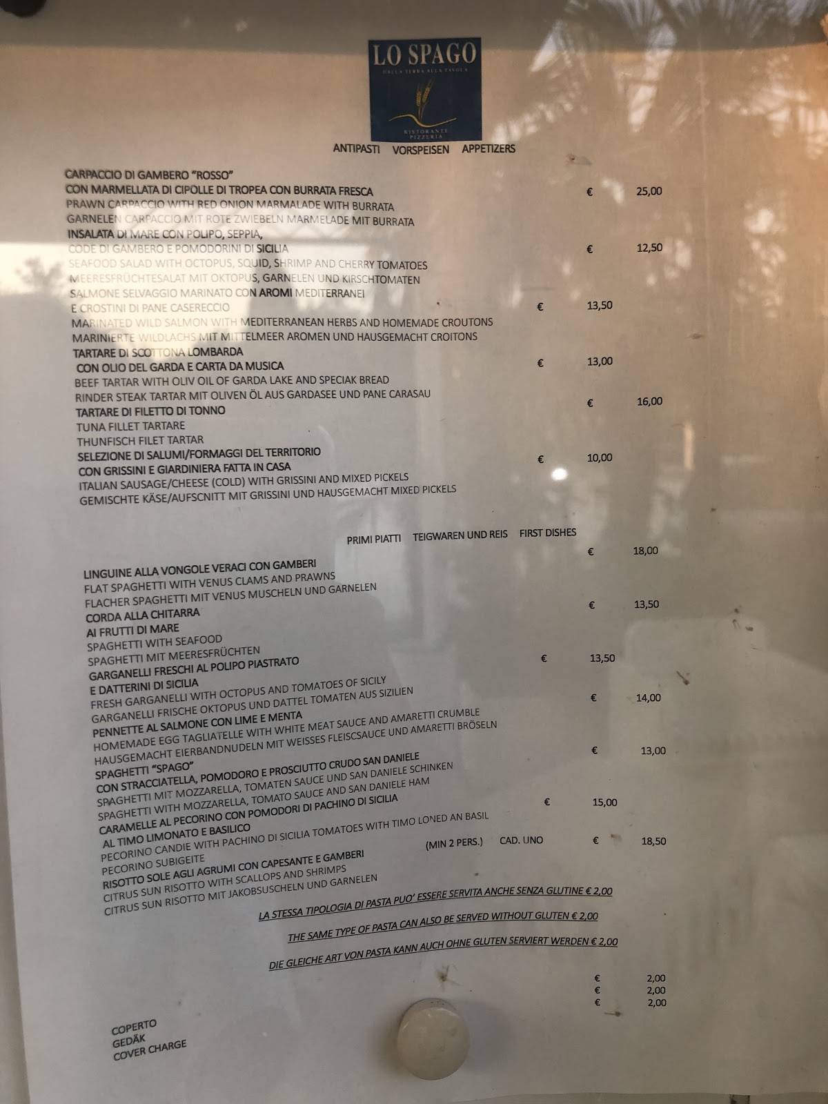 Menu at Lo Spago pizzeria, Desenzano del Garda, Viale F. Agello