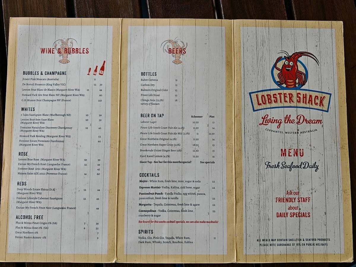 Menu at Lobster Shack Cervantes WA restaurant, Cervantes