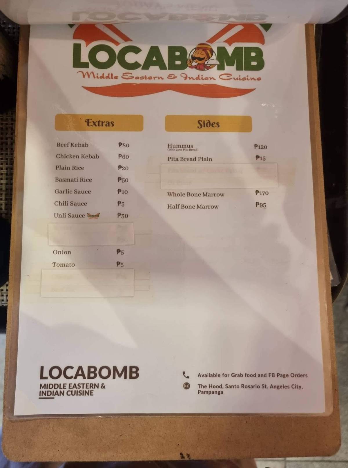 Menu at Locabomb Middle Eastern & Indian Cuisine restaurant, Angeles