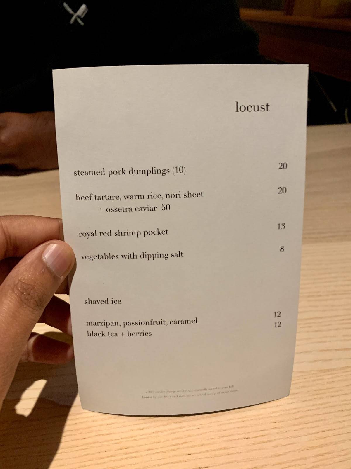 Menu at Locust restaurant, Nashville