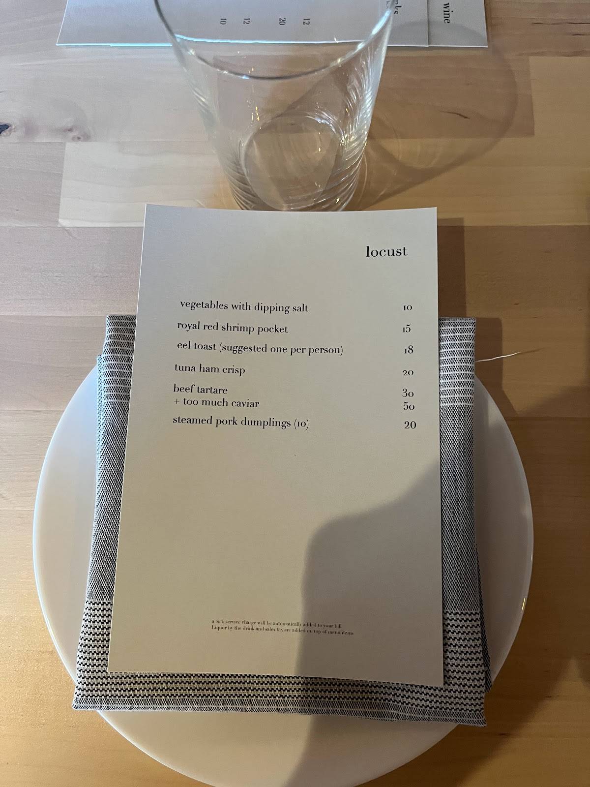 Menu at Locust restaurant, Nashville
