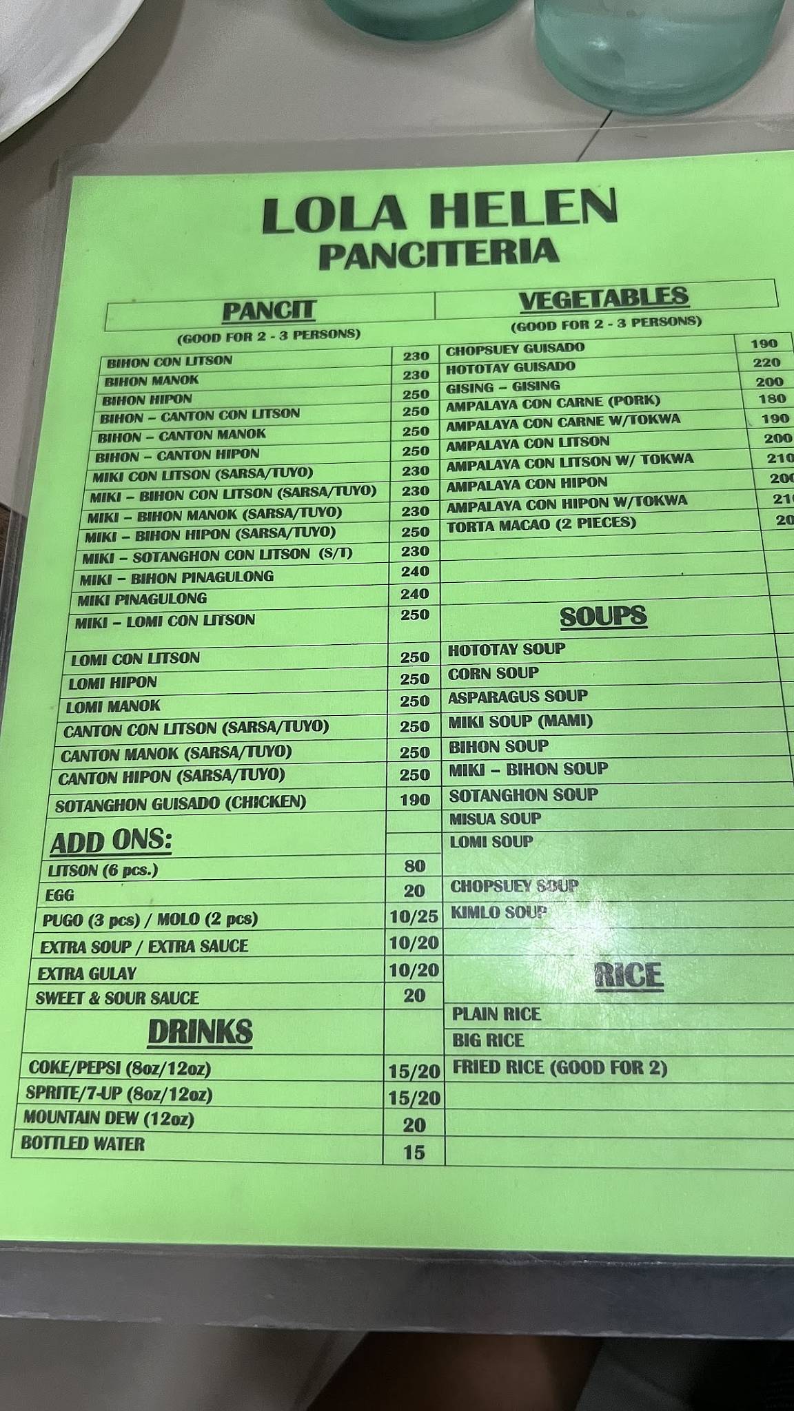 Menu at Lola Helen Panciteria restaurant, Marikina, 425 J. P. Rizal St