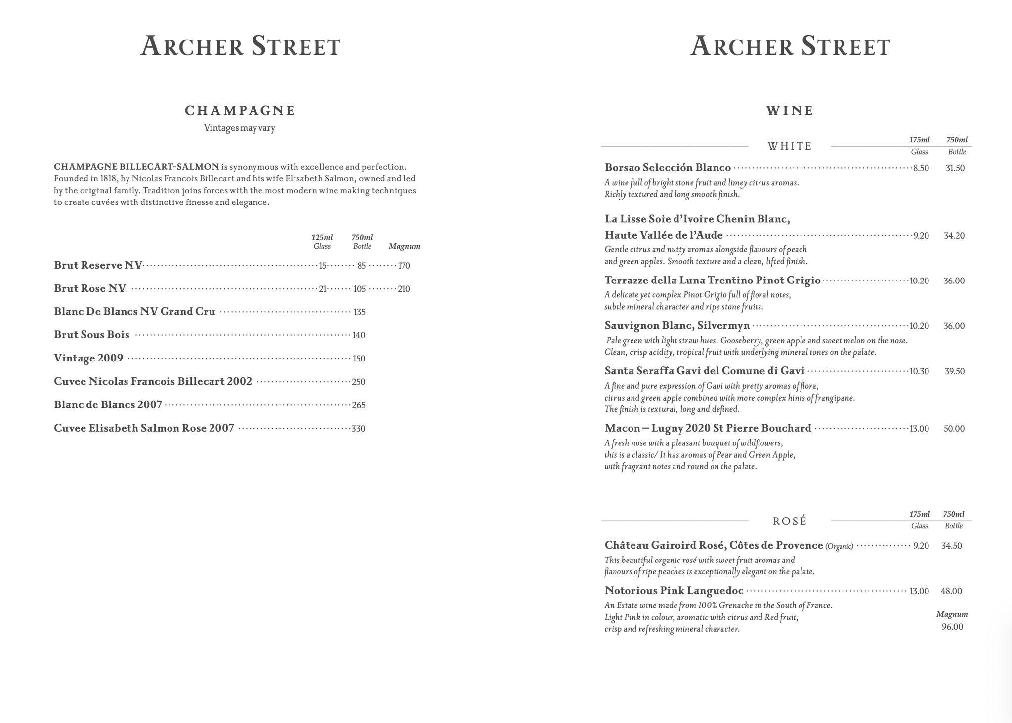 Menu at Archer Street Soho pub & bar, London