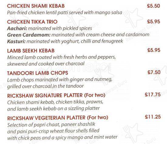 Menu at Battersea Rickshaw restaurant, London, 15-16 Battersea Square