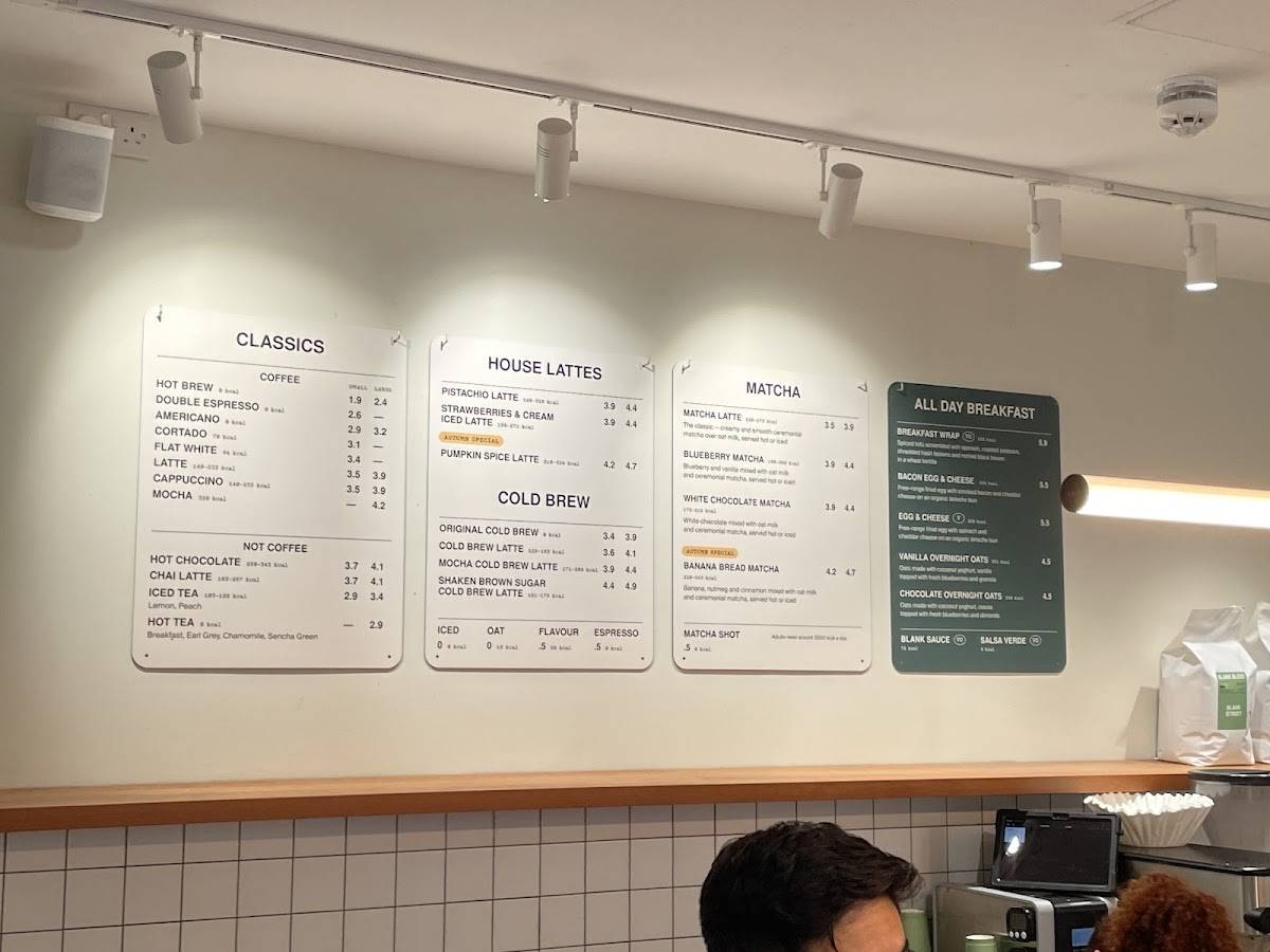 Menu at Blank Street Coffee cafe, London, 80 Kingsway