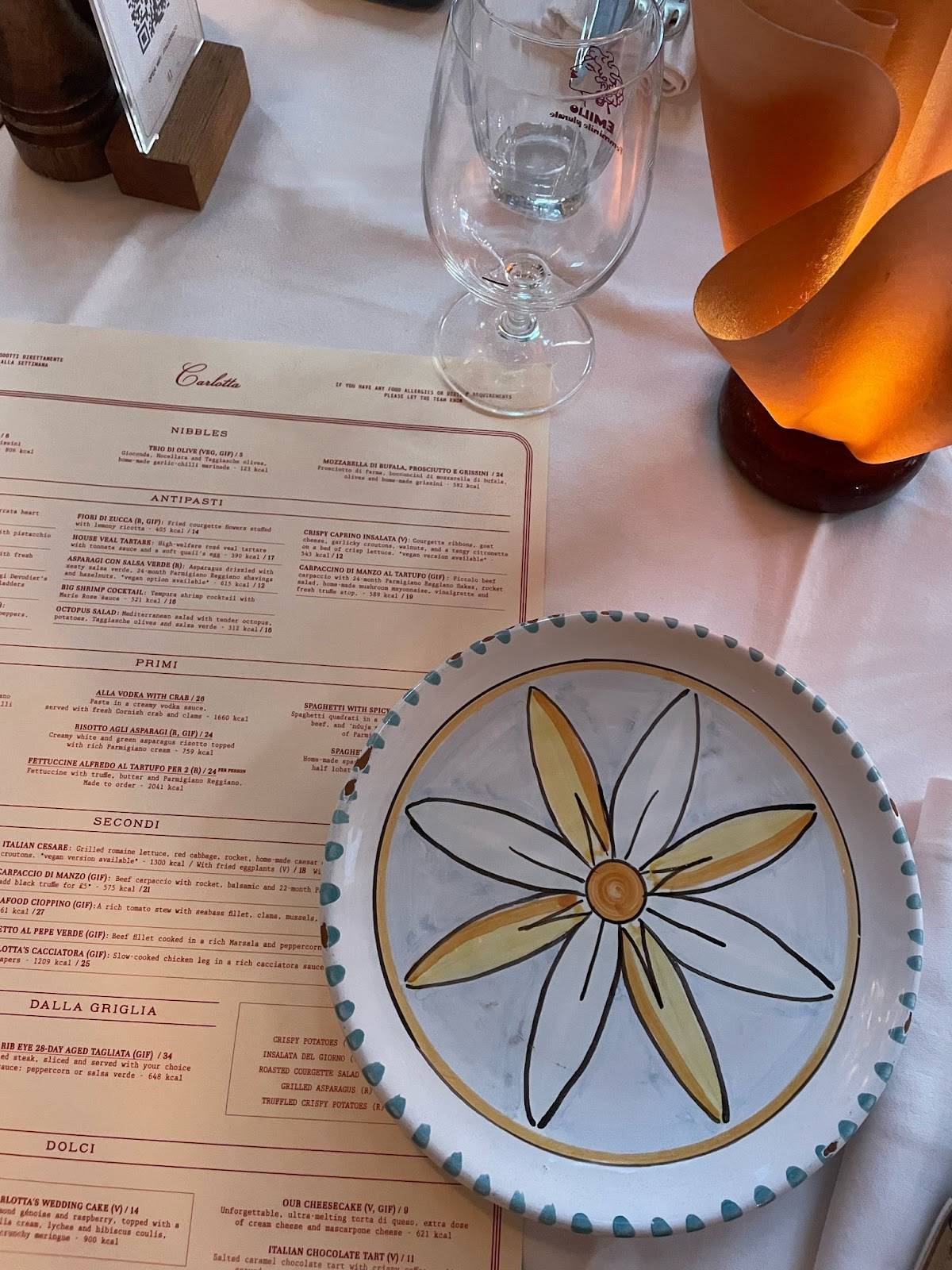 Menu at Carlotta restaurant, London