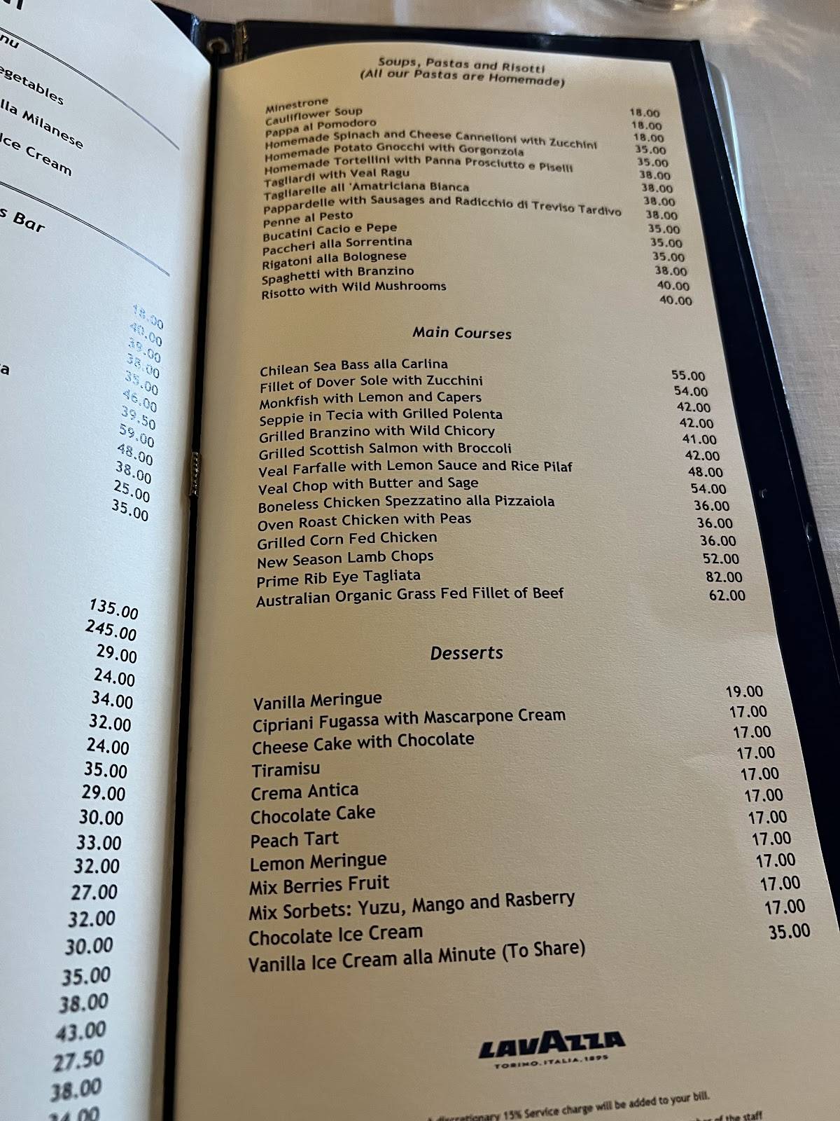 Menu at Cipriani London restaurant, London, 23-25 Davies St