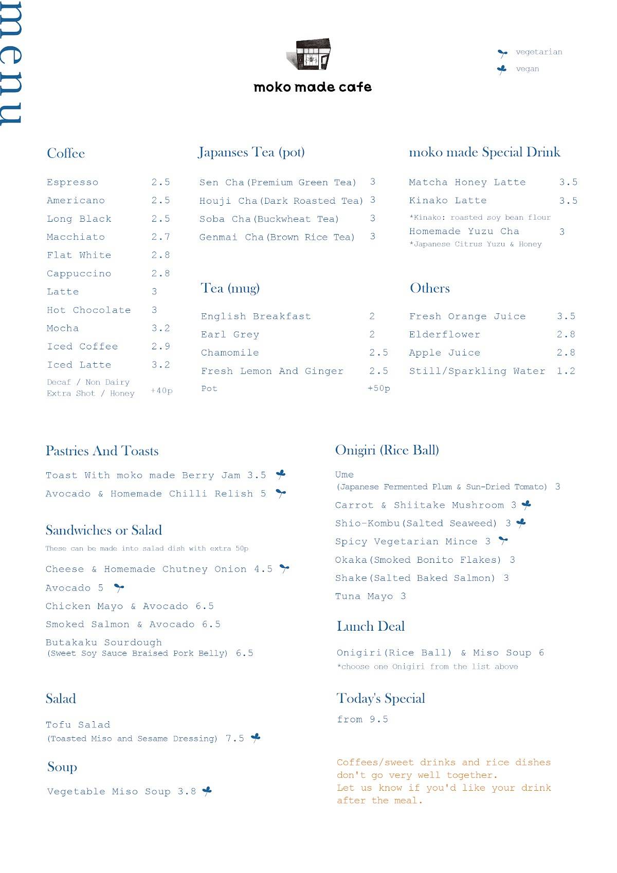 Menu at Moko Made Cafe, London