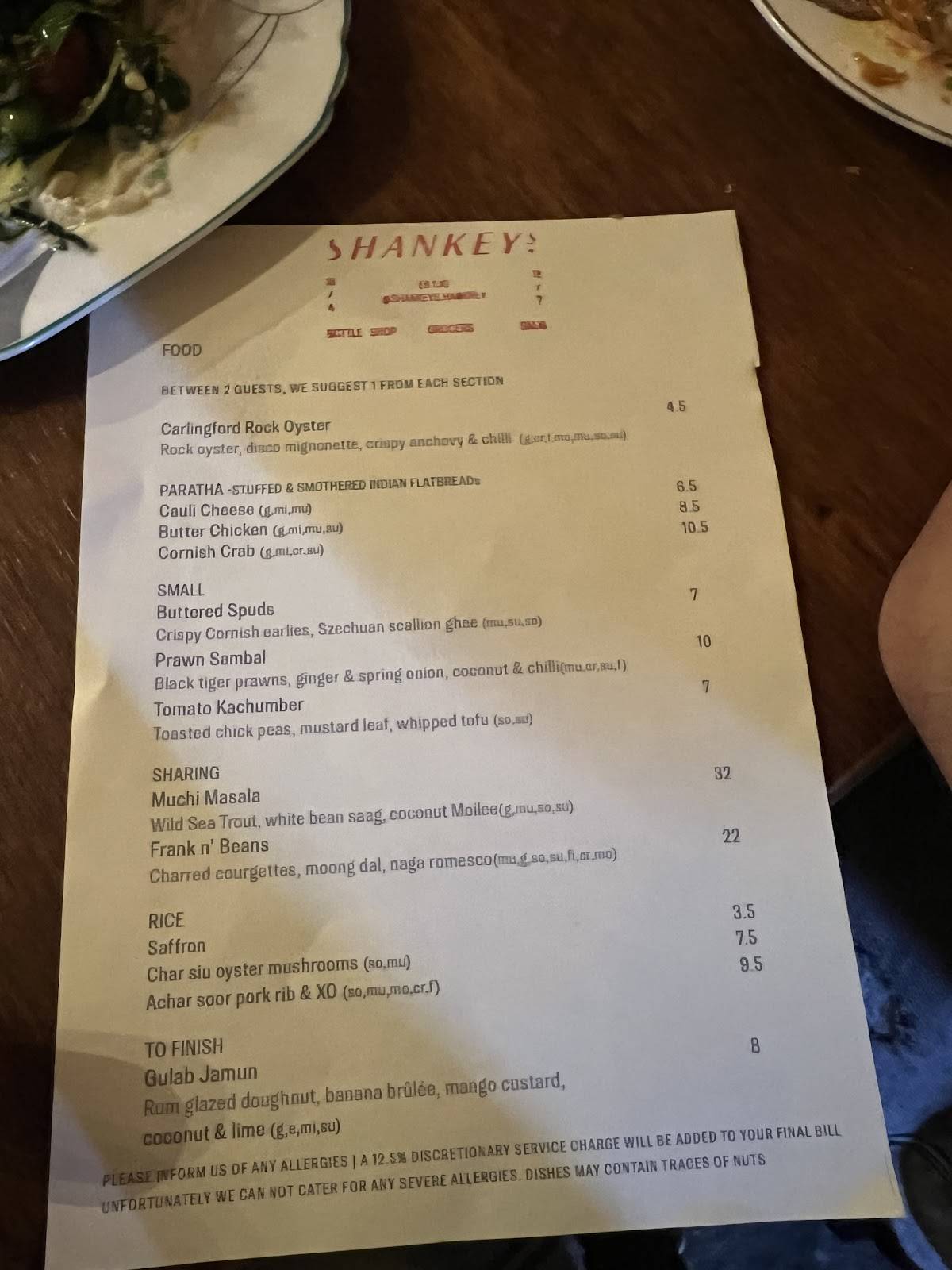 Menu at Shankeys restaurant, London