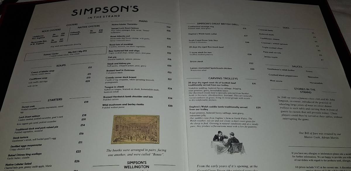 Menu at Simpson's in the Strand restaurant, London