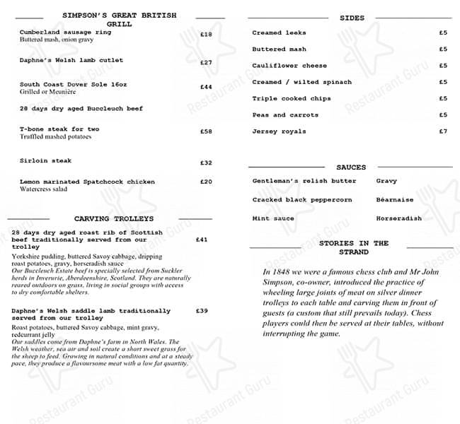 Menu at Simpson's in the Strand restaurant, London