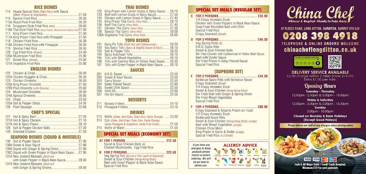 Menu at China Chef fast food, Long Ditton