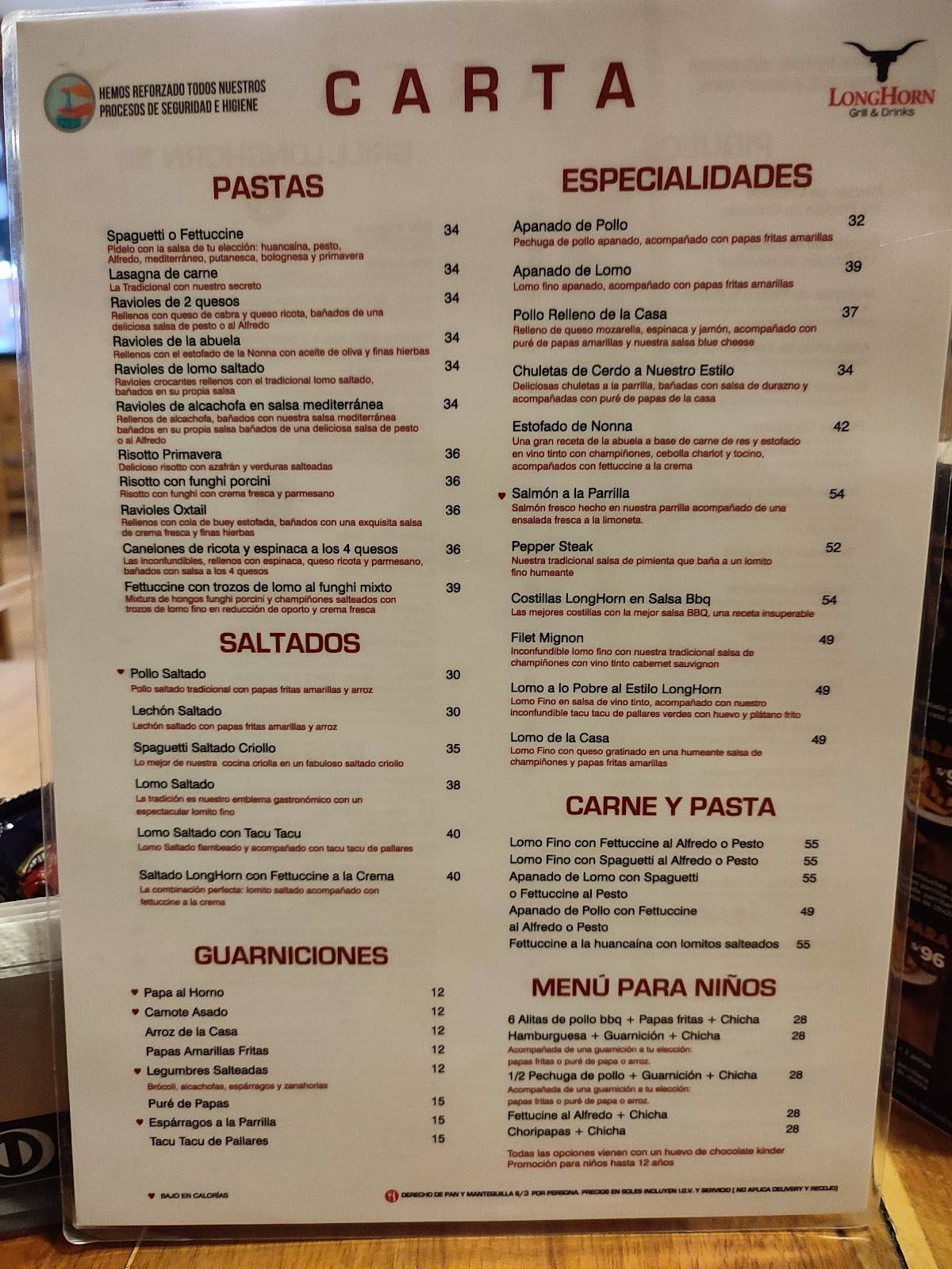 Carta del restaurante LongHorn Grill & Drinks - Cajamarca, Cajamarca