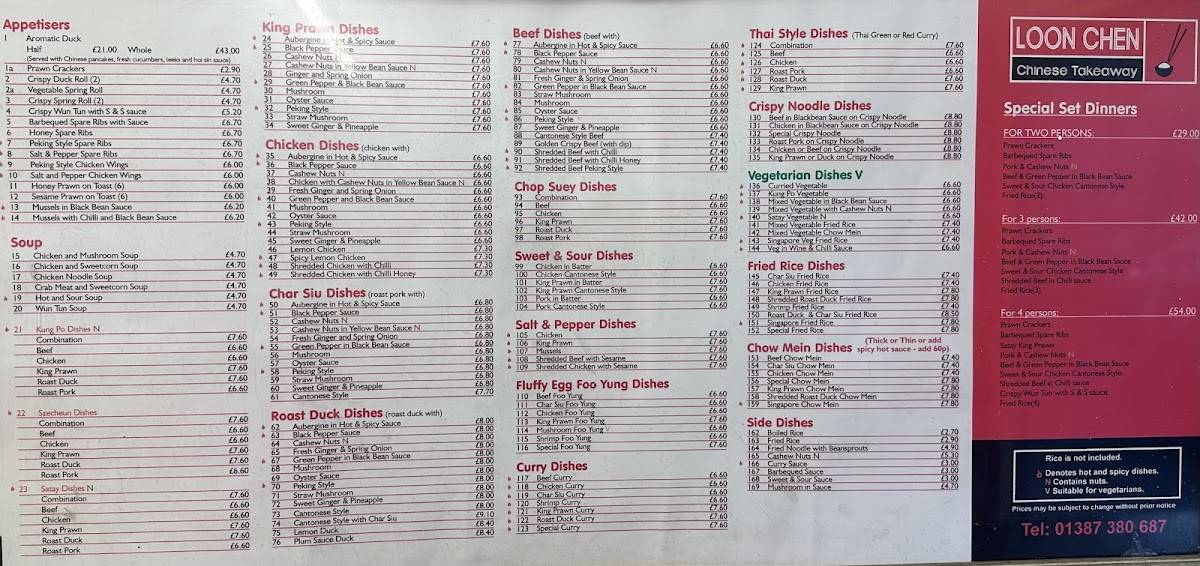 Menu at Loon Chen fast food, Langholm