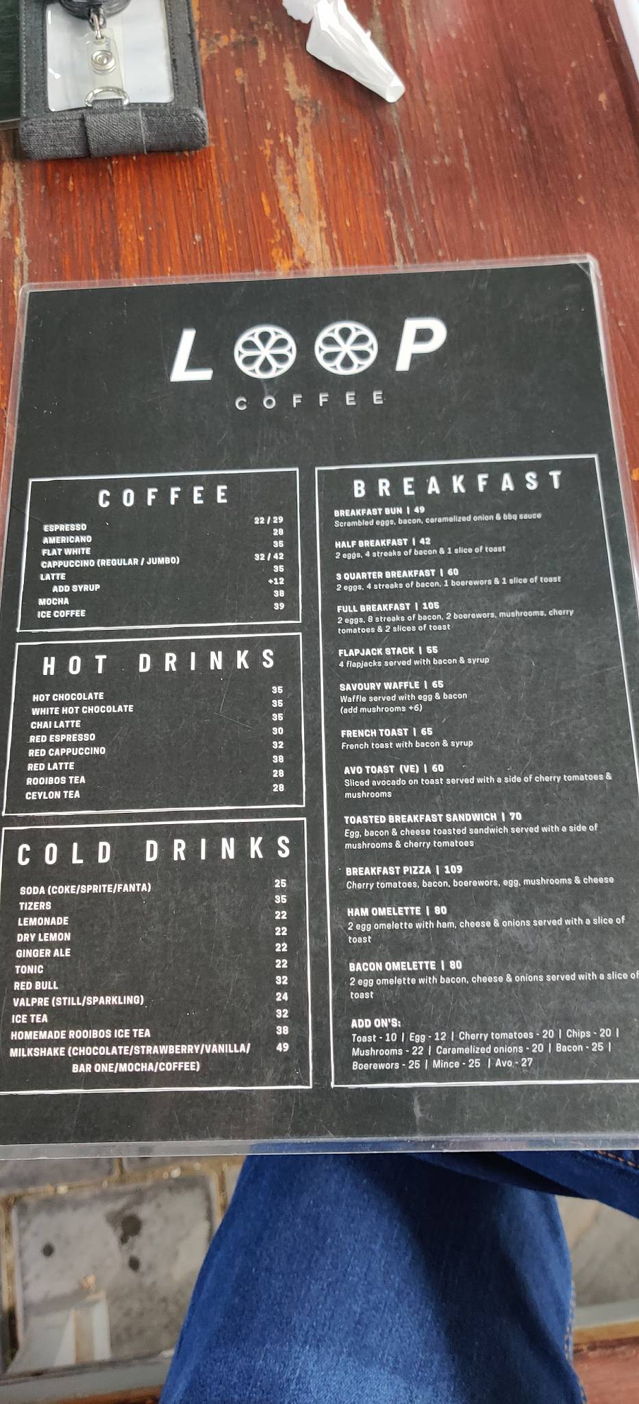 Carta del café Loop Coffee, Puerto Elizabeth