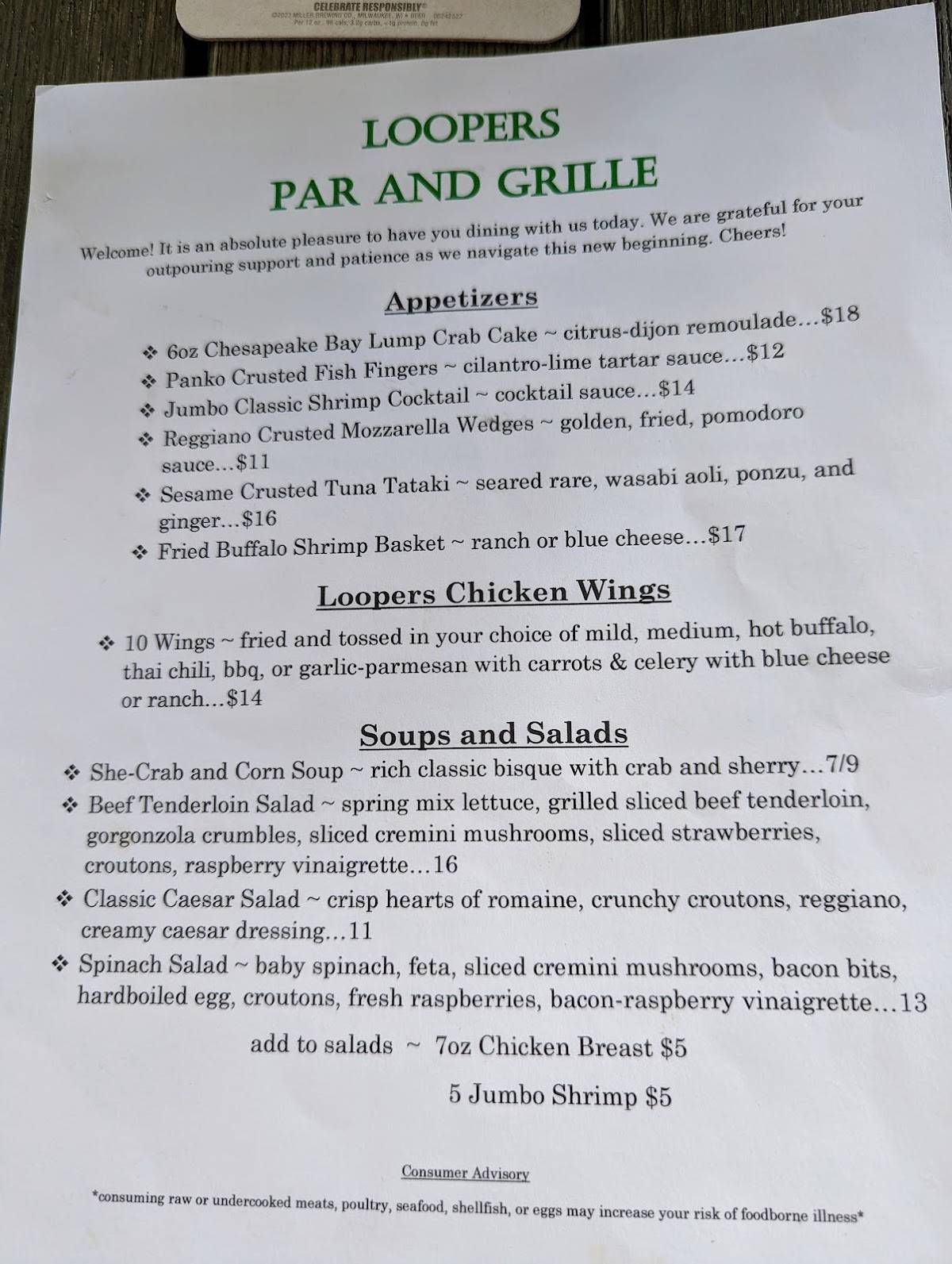Menu at Loopers Par & Grille restaurant, Palm Coast