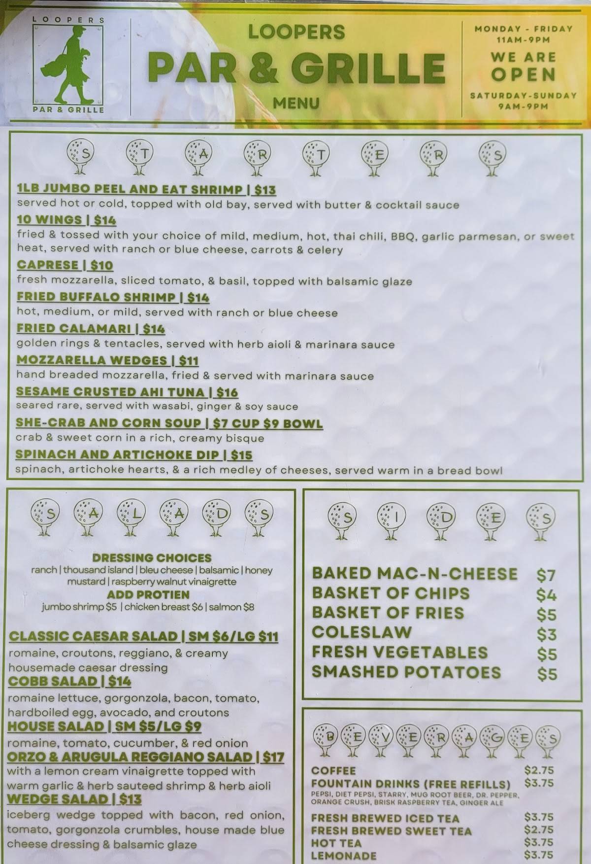 Menu at Loopers Par & Grille pub & bar, Palm Coast