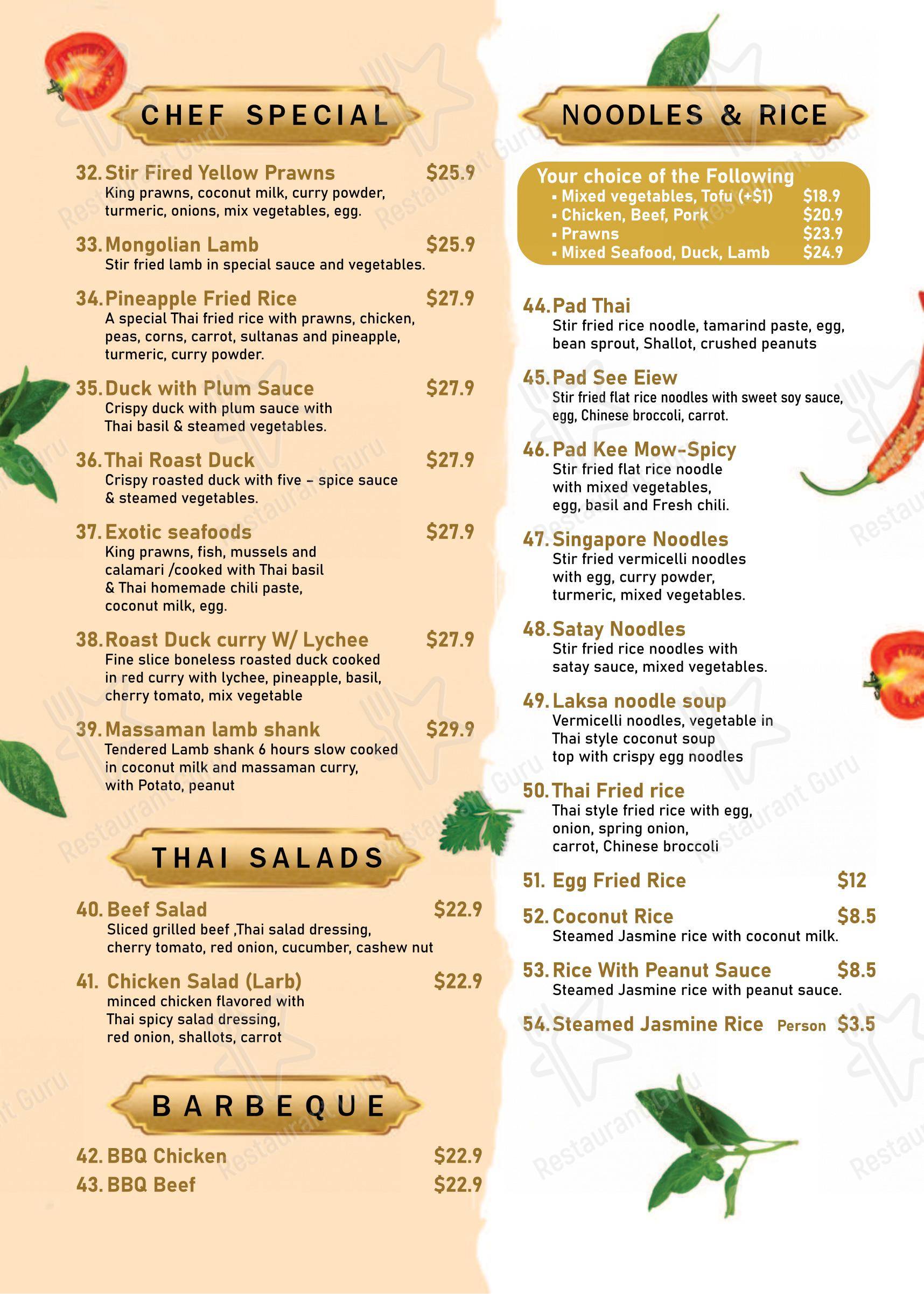 Menu at Lords Place Thai Restaurant, Orange