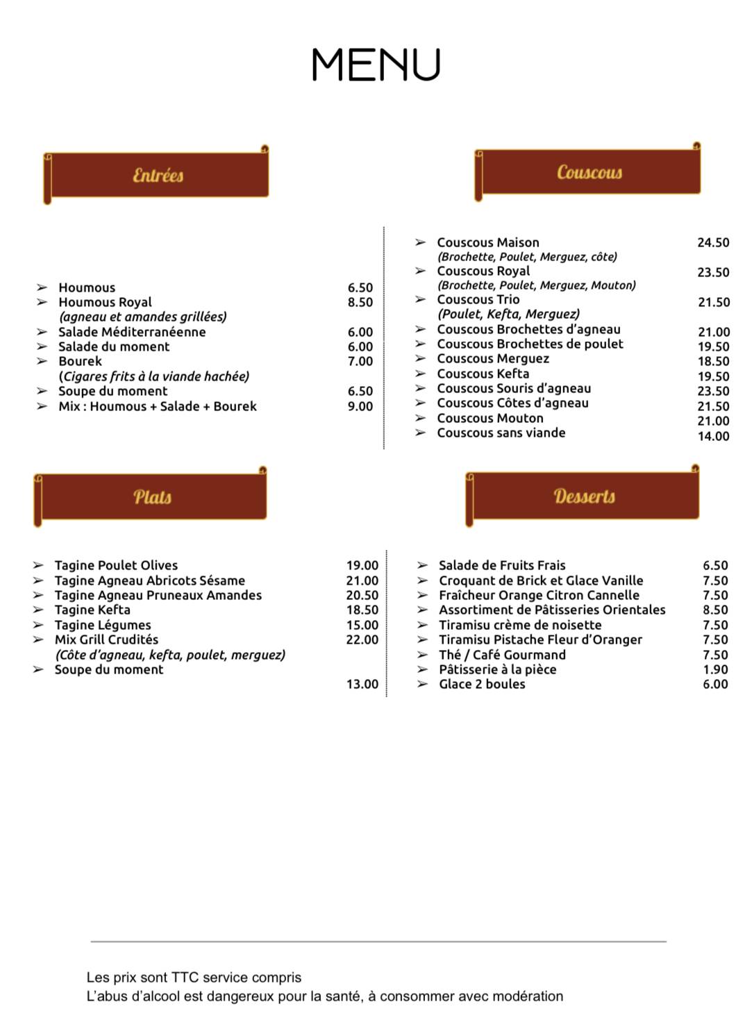 Menu au L'Orient-Espace restaurant, Arras