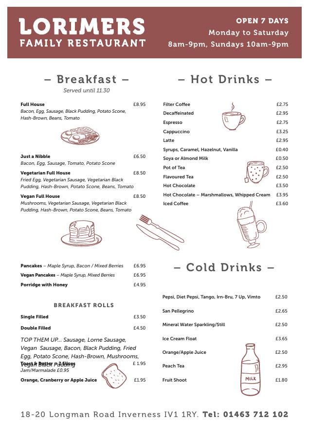 Menu at Lorimers Family Restaurant, Inverness, 18-20 Longman Rd