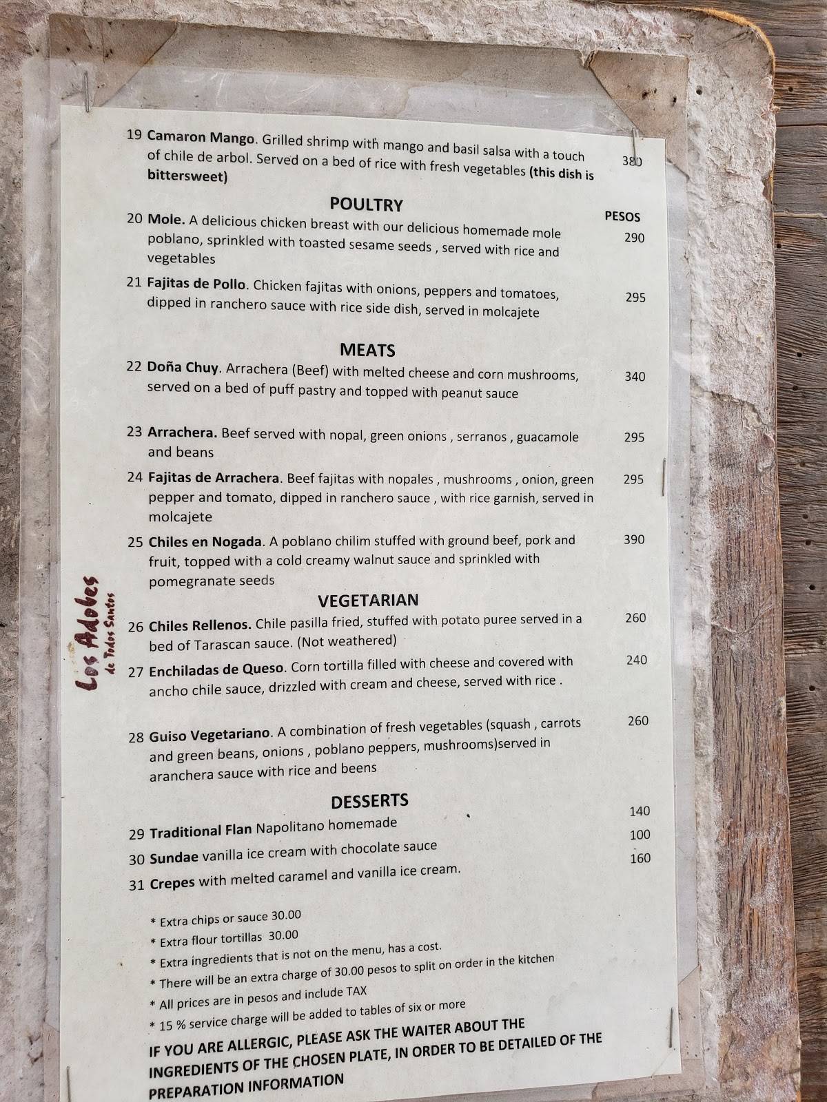 Carta del restaurante Los Adobes De Todos Santos, Todos Santos