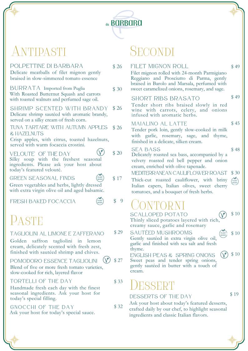 Menu at Da Barbara, Los Angeles