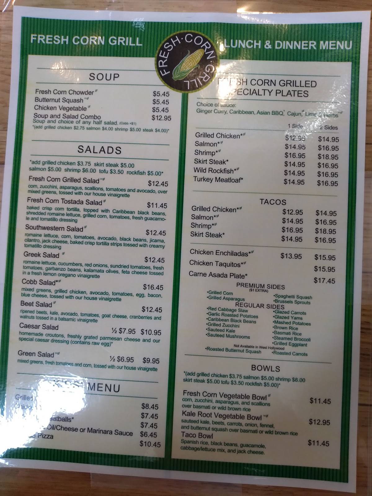Menu at Fresh Corn Grill - Westwood restaurant, Los Angeles, Westwood Blvd