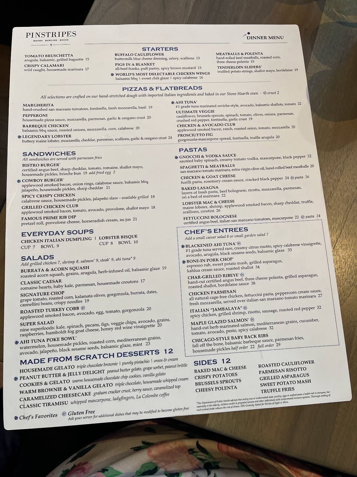 Menu at Pinstripes restaurant, Los Angeles