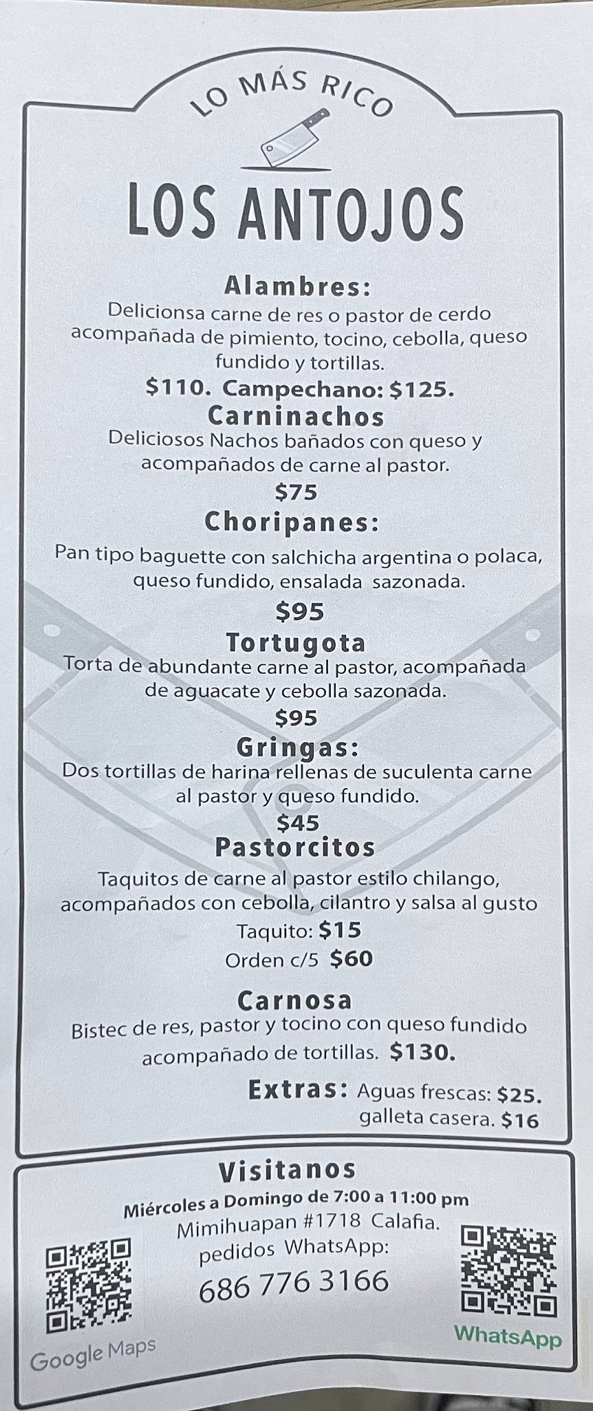 Carta del restaurante Los Antojos, Mexicali