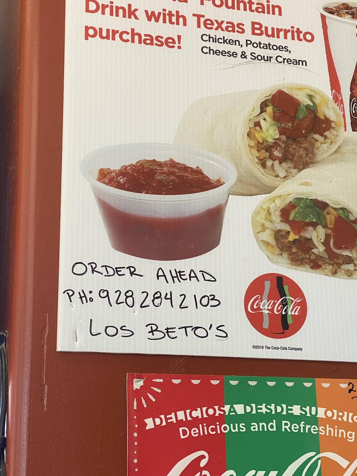 Menu at Los Betos Mexican Food restaurant, Village of Oak Creek