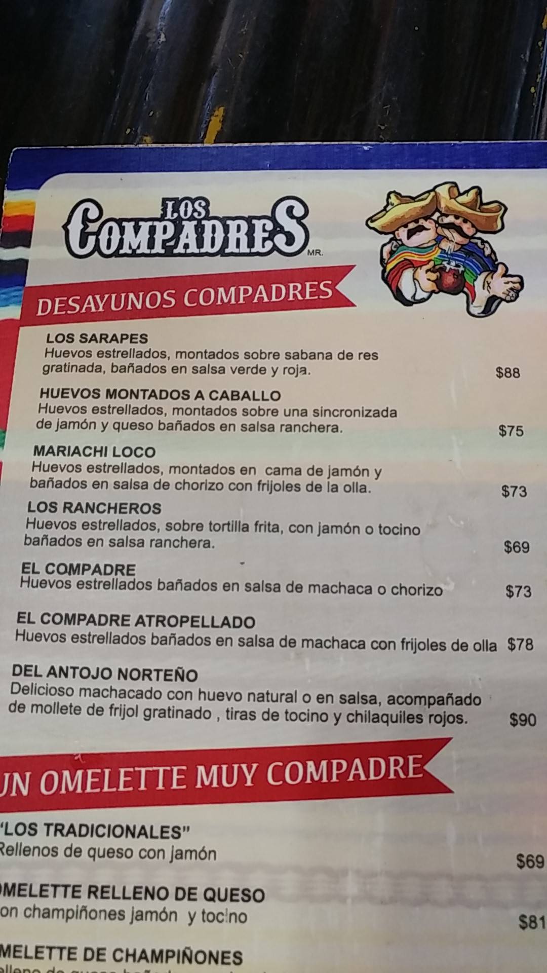 Carta del restaurante Los Compadres, Saltillo, Perif. Luis Echeverría 268