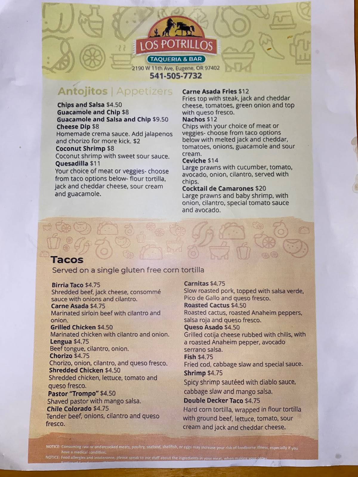 Menu at Los Potrillos Taqueria Bar, Eugene