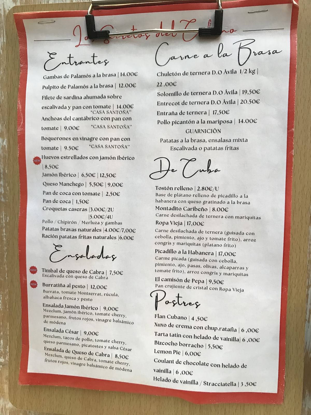 Carta del restaurante Los Secretos del Cubano, Palamós